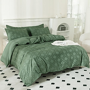 JELLYMONI Green Duvet Cover Full Size - 3 PCS Microfiber Tufted Duvet Cover Set, Boho Textured Duvet Cover Jacquard Rhombus Geometric Pattern Duvet Cover with Corner Ties & Zipper Closure