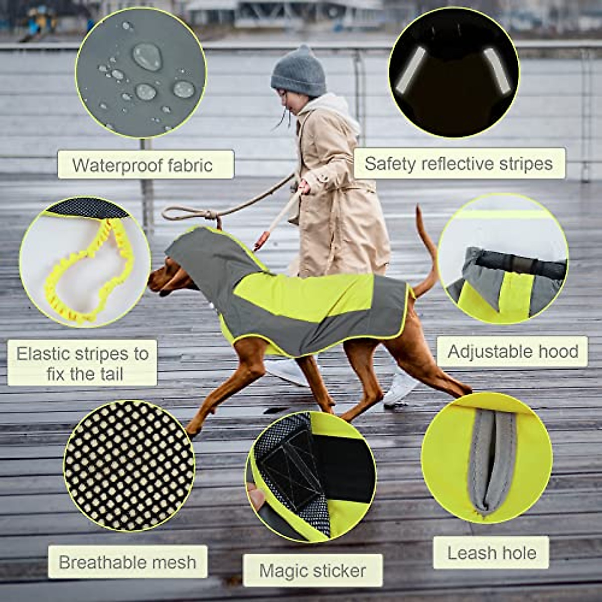 IECOii Dog Raincoat, Adjustable Dog Rain Jacket with Reflective Stripes, Dog Rain Coat with Hood, Waterproof Lightweight Dog Coat, Dog Raincoat with Magic Sticker, Pet Raincoat for Medium Large Dogs