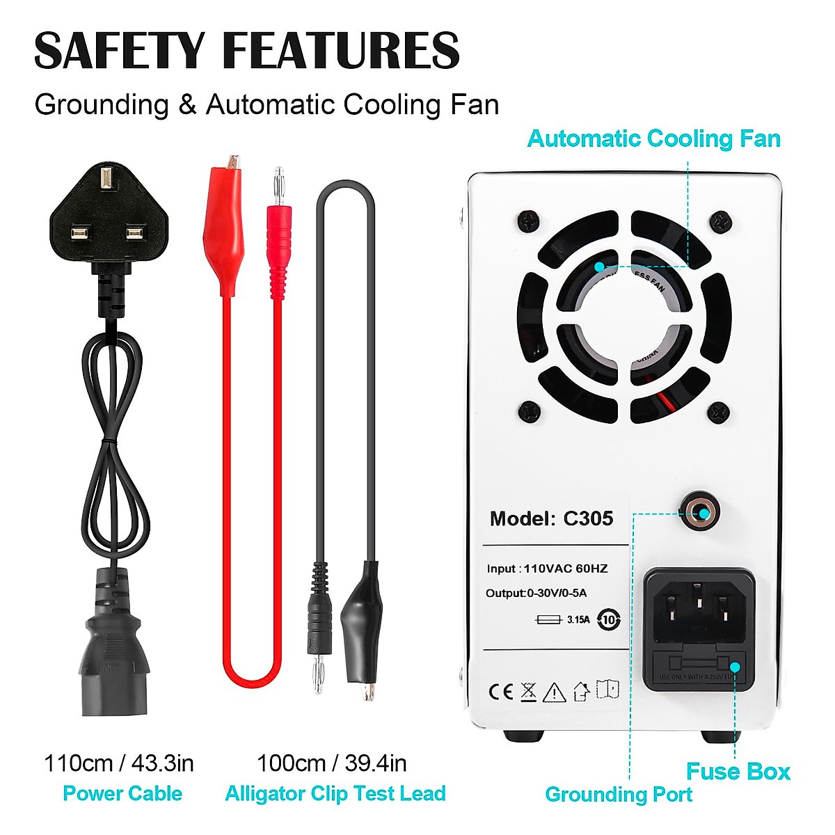 FEITA C305 DC Power Variable Supply Adjustable 30V 5A High Precision Bench Lab Power Supplies Programmable with Output Switch, 5V/2A USB Interface for Anodizing & Electroplating Kit