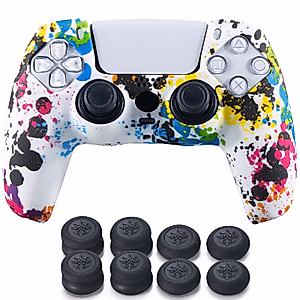 YoRHa Grip Texture Silicone Skin for PS5 Controller x 2(Graffiti) with Pro Thumb Grips x 8