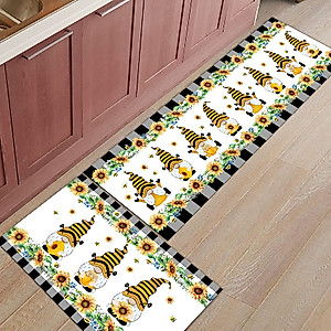 Kitchen Rugs and Mats Farm Bee Gnomes with Honey Sunflower Non Slip Carpets Doormat 2 Piece Runner Rug Set for Kitchen Sink Floor Country Floral Lace Buffalo Plaid Edge