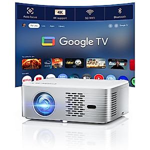 4K Support Android TV 10.0 Projector 5G WiFi Bluetooth Native 1080P, CIBEST Full-Sealed Optical Engine Home Movie FHD Projector with Netflix/Prime Video Built-in, 8000+ Apps, Autofocus, Stereo Sound