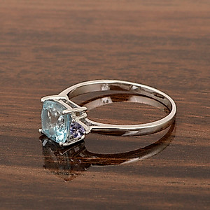 MOONEYE 7MM Cushion Cut Aquamarine Trillion Tanzanite Gemstone 925 Sterling Silver Three Stone Ring (Silver, 10)