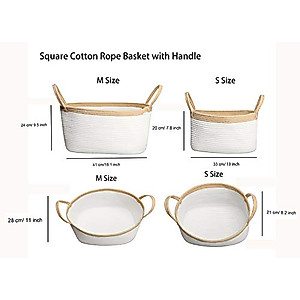 Rope Basket with Long Handles, Woven Basket, Baby Kids Room Toy Storage, Portable Hampers, Towel Storage Basket Woven Rope Basket, Nursery Hampers, Dog Toy Basket, (M Square 24 cm 28 cm 42 cm)