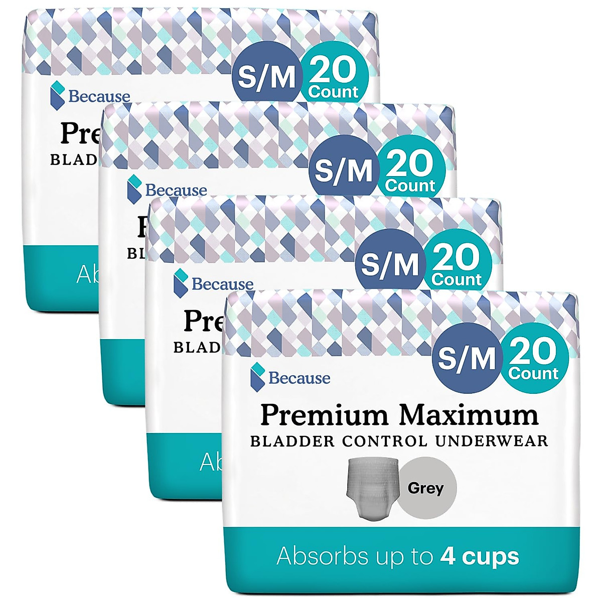 Because Maximum Incontinence Underwear for Men - Heavy Bladder Leak Protection, Ideal for Overnight Leakage, Sleek, Invisible Fit, Grey, Small/Medium -Absorbs 4 Cups - 80 Count (4 Packs of 20)