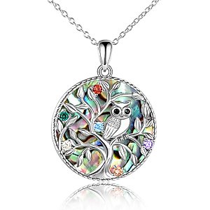 ONEFINITY Sterling Silver Tree of Life Owl Necklace Abalone Shell Pendant Necklace for Women Jewelry Mother's Day Jewelry Gifts for Mom