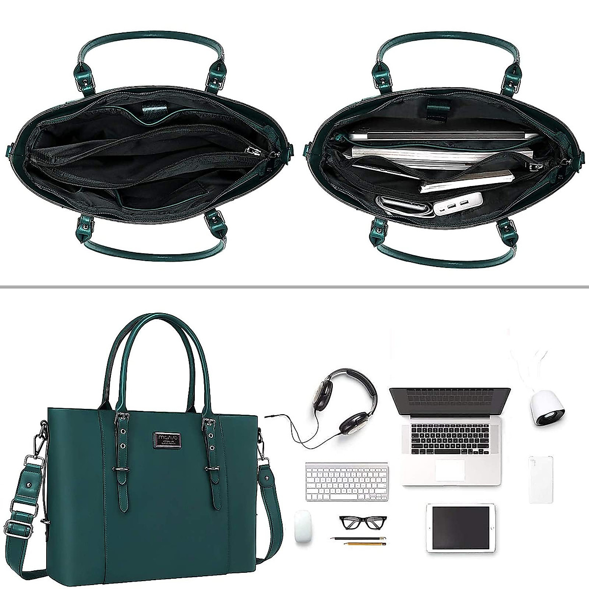 MOSISO PU Leather Laptop Tote Bag for Women (15-16 inch), Waterproof Large Capacity Business Work Briefcase Shoulder Laptop Bag, Deep Teal