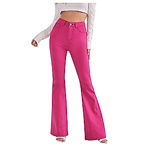 SweatyRocks Women's Casual Denim Pants Heart Print High Waist Stretchy Bell Bottom Flared Jeans Hot Pink L