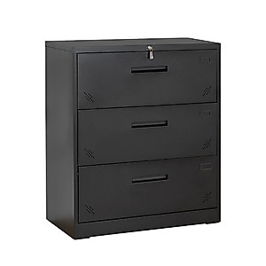 Anwickhomk Lockable 3-Drawer Lateral File Cabinet for Legal/Letter A4 Size,Heavy Duty Metal Filing Cabinet with Large Deep Drawers and Key Locks for Home Office (3 Drawers, Black)