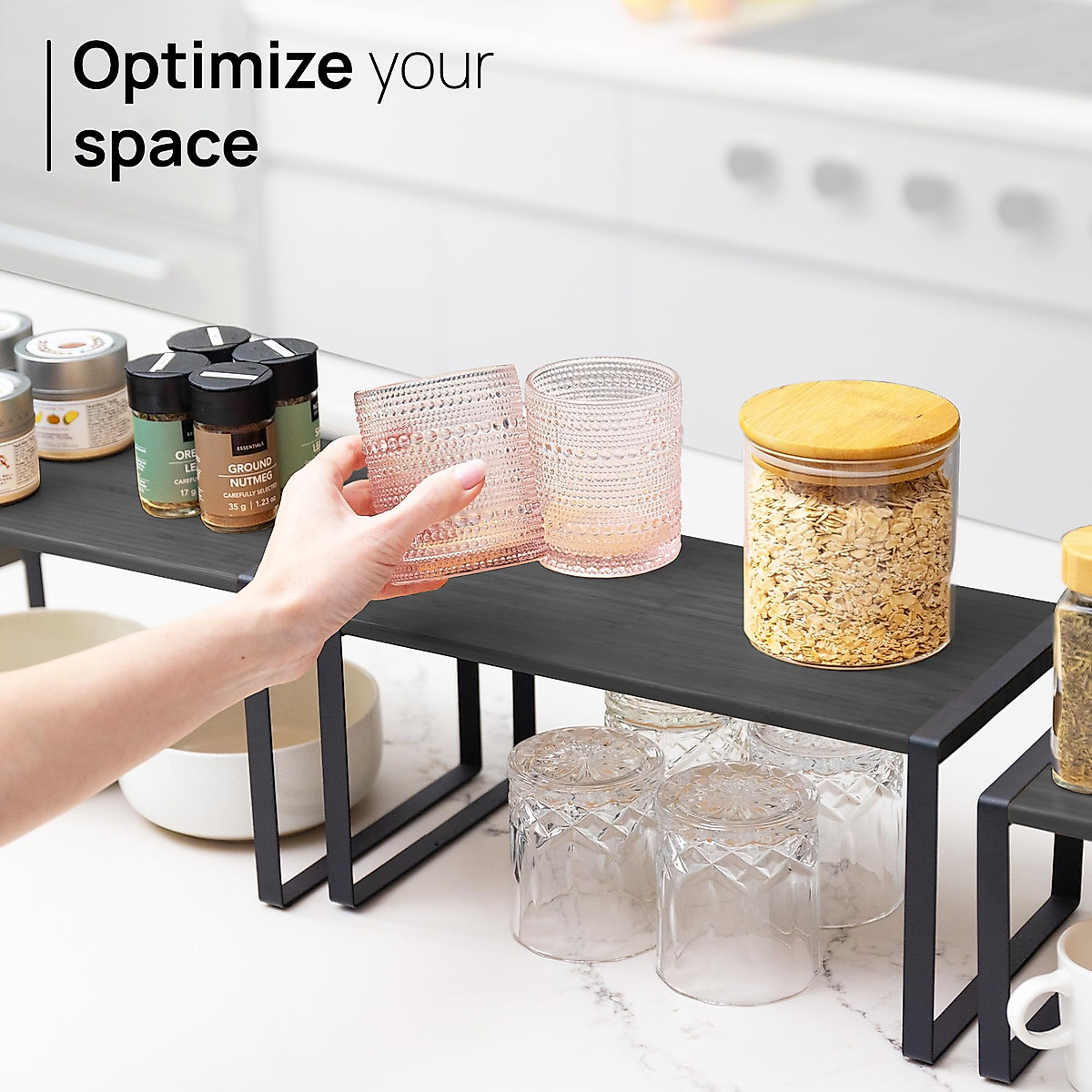 Ibyx Premium Kitchen Cabinet Organizer Shelf - Set of 3 Kitchen Counter Shelves - Stackable & Expandable Shelf Racks for Kitchen Cabinets - Metal Frame & Engineered Wood (Black Wood, Black Frame)