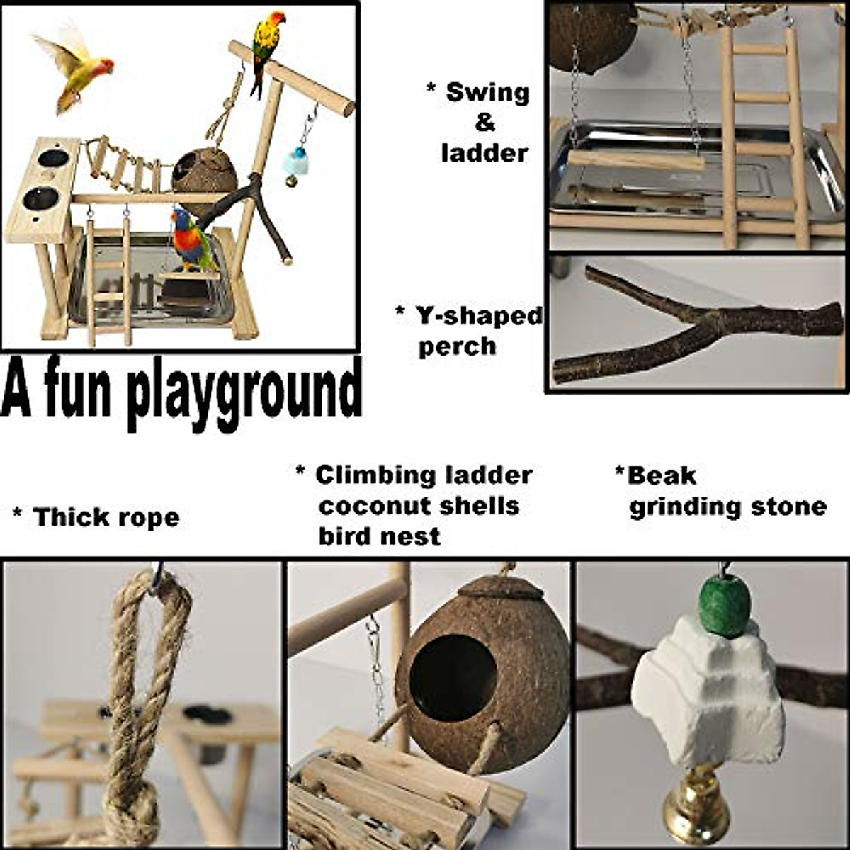 Parrots Playground Bird Play Stand Natural Wood Parrot Perch Gym Playpen Parakeet Nest with Feeder Cups Ladders Lovebirds Cage Accessories Toy Exercise Activity Center for Conure Cockatiel Lovebirds