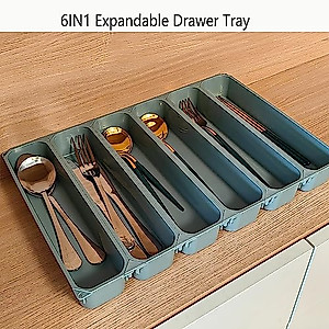 TUNGTAR custom silverware drawer tray BPA Free expandable drawer organizer for utensils holder, cutlery tray, DIY organizer for silverware, flatware, knives (Gray, 10.25 * 7.65INCH 3IN1)
