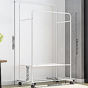 ZZBIQS 2-Tiers Rolling Garment Rack with Shelves, Clothing Rack on Wheels, Heavy Duty Coat Rack, Double Hanging Rails & Lockable Wheels, 31" L x 20" W x 53" H, Max Load 170LBS, White