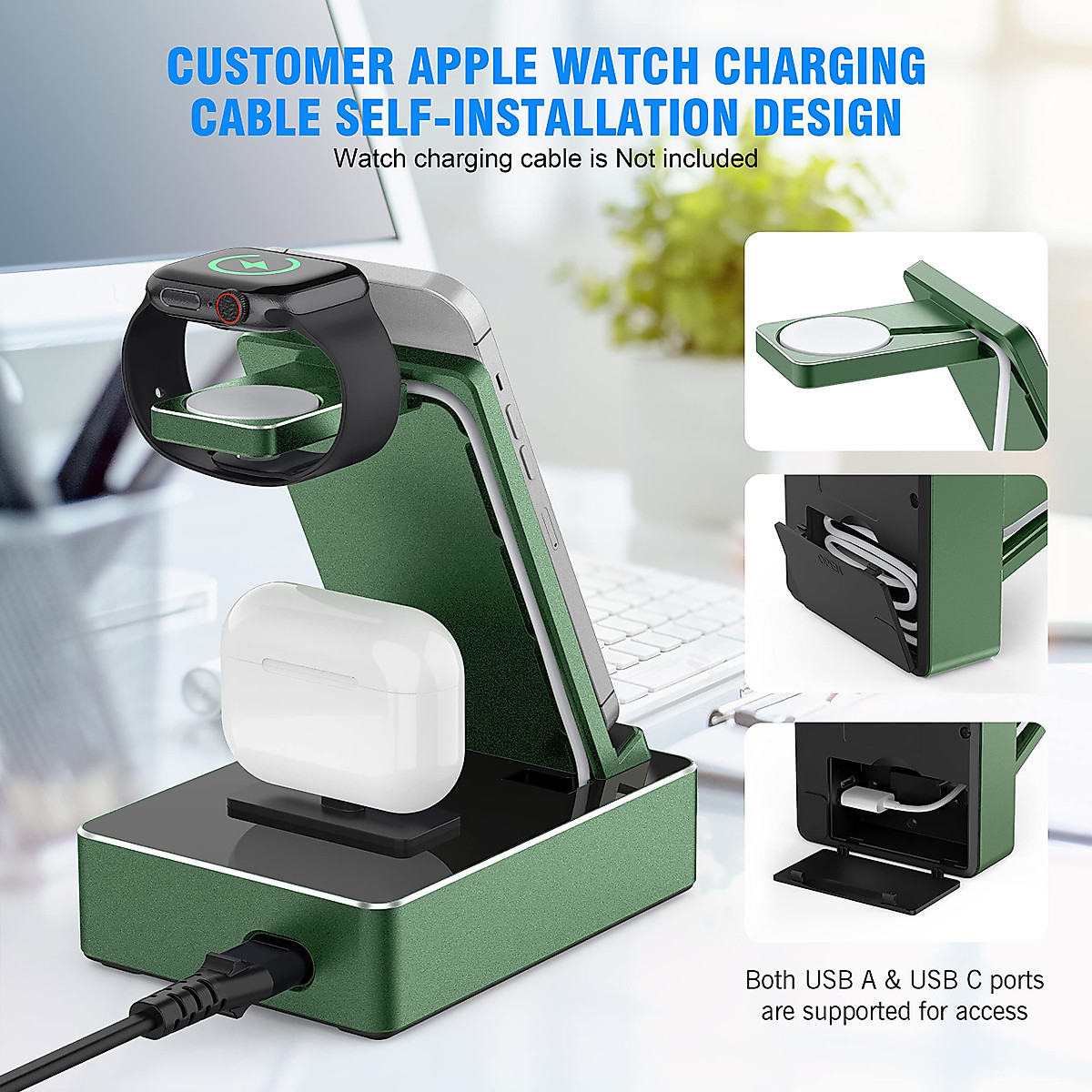 Charging Station for Multiple Devices Apple,Wireless Charger for Iphone 15/14/13/12 Series,Apple Watch Series,Airpods Pro,with 5 USB Ports Multi Charger Station 100w Aluminum Alloy Charger Station