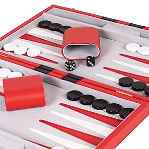Backgammon Set 15 inch, Medium - Classic Board Game for Adults and Kids with Premium Leather Case - Includes Strategy & Tip Guide (Red)