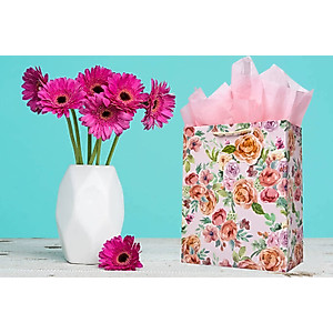 Elephant-package 12.6" Large Flower Gift Bag with Tissue Paper and greeting card, for Girls Women Birthday Gift Packing, Mothers Day, Valentine's Day, Bridal Shower, (Pink Rose)