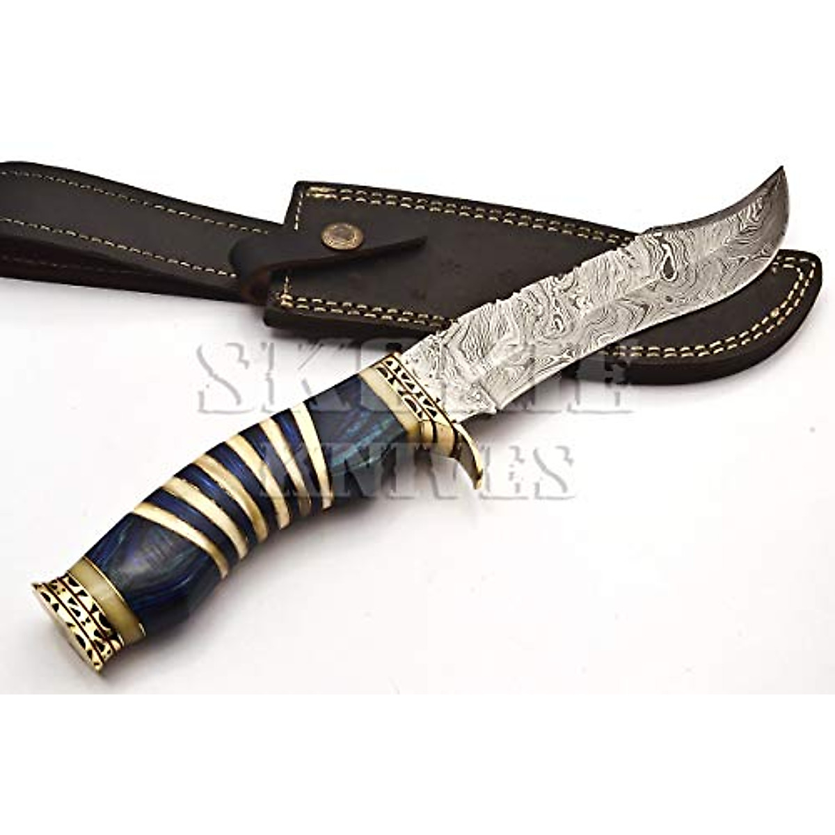 Skokie Knives Custom Hand Made Damascus Steel Hunting Knife Handle Original Camel Bone with Brass Spacer and Pakka Wood A Perfect Grip for Hunters