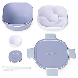 Upgraded Salad Bowl with Lid Leak-proof 57.5oz Stackable Salad Lunch Box with Larger Capacity Salad Mixing Bowl and 3-Compartment Bento-Style Topping Tray, Sauce Box,Cutlery, BPA FREE(powder blue)