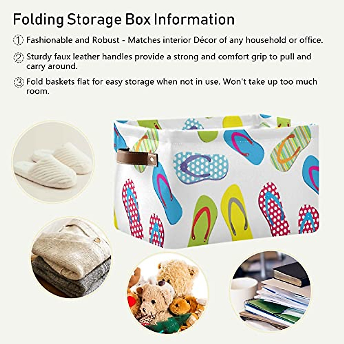 susiyo Large Foldable Storage Bin Summer Flip-Flops Fabric Storage Baskets Collapsible Decorative Baskets Organizing Basket Bin with PU Handles for Shelves Home Closet Bedroom Living Room-1Pack