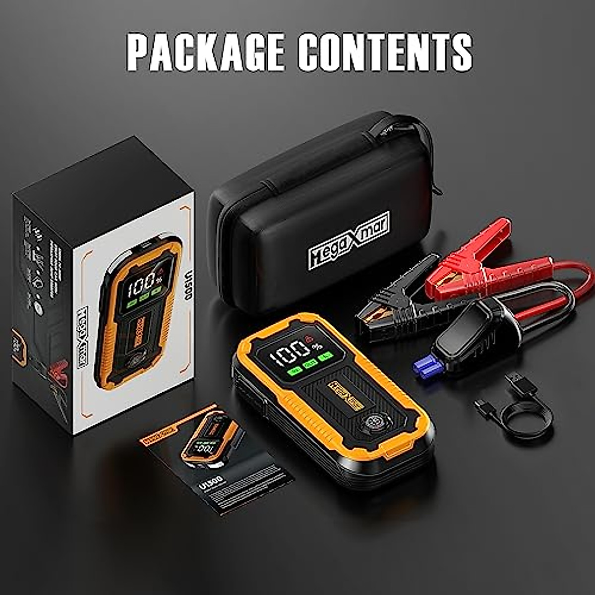 MegaXmar Car Battery Jump Starter -1500A Peak 12800mAh,Portable Car Jump Starter for Up to 7.5L Gas 6.0L Diesel Engine,12V Jump Starter Battery Pack with Smart Clamp Cables,LED Flashlight Jump Box