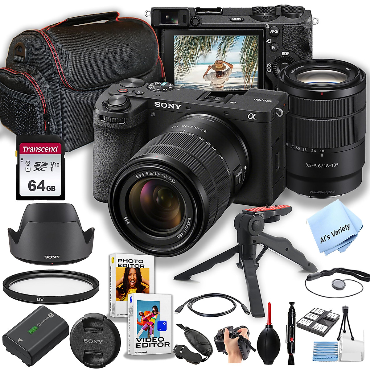 Sony a6700 Mirrorless Camera with 18-135mm Lens + 64GB Memory, Case, Gripster Tripodpod, and More (26pc Bundle) (Renewed)