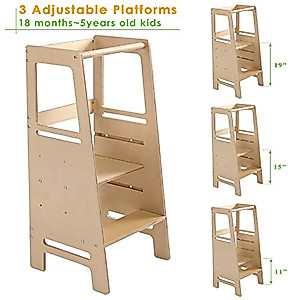 Height Adjustable Kitchen Step Stool for Kids and Toddlers with Safety Rail Children Learning Standing Tower for Kitchen Counter and Bathroom Sink Helper, Solid Wood