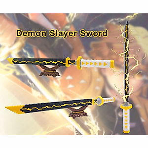 Anime Demon Slayer Sword Building Kit Set, 27.8in Cosplay Zenitsu Sword Building Blocks Toy Set with Scabbard and Stand, Samurai Katana Gift for Adults and Kids (1000+ Pieces)
