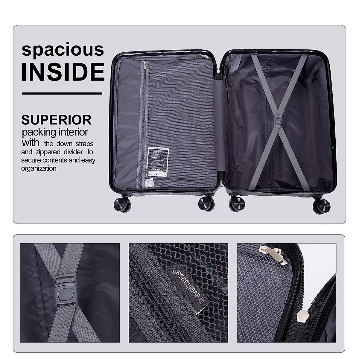 Travelhouse Amalodie Hardshell Upright Spinner Wheel Suitcase Set PP ABS, Lightweight Checked Carry-On Luggage 3-Piece Set with Spinner Wheels TSA Locks 20" 24" 28" (Jet Purple)