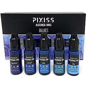 Pixiss Blue Alcohol Inks Set, 5 Shades of Highly Saturated Blue Alcohol Ink, for Resin Petri Dishes, Alcohol Ink Paper, Tumblers, Coasters, Resin Dye