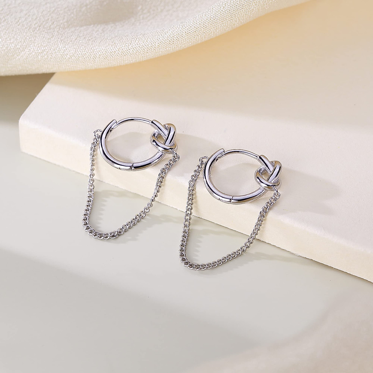 SLUYNZ 925 Sterling Silver Punk Chain Small Hoop Earrings for Women Men Teens Minimalist Hoop Earrings Tassel (A-Silver)