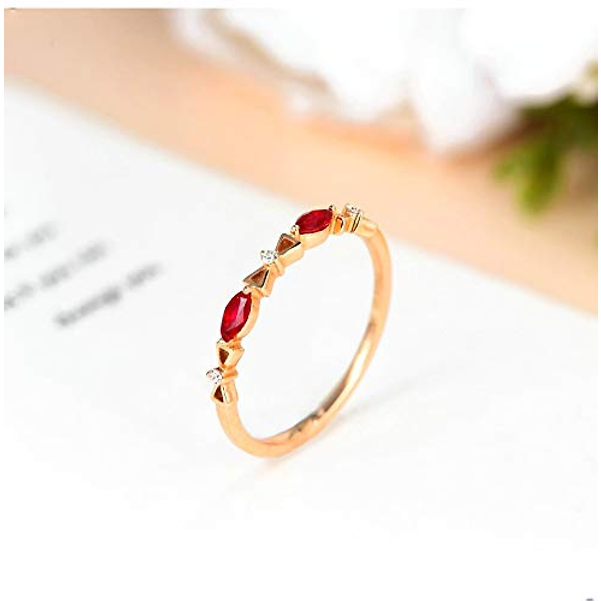 KnBoB Women Bow-Knot Round Shape 0.15ct Ruby Ring 18K Rose Gold Promise Wedding Engagement Bridal Anniversary Ring Size 8.5