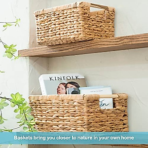 Wicker Baskets for Storage Organizing, Water Hyacinth Storage Baskets Rectangular with Wooden Handles for Shelves, Natural Wicker Storage Basket Bins - Set of Wicker Baskets for Home Organization