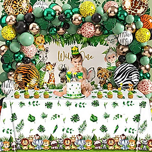Wild One First Birthday Party Decorations for Boys Jungle Safari Theme Birthday Party Supplies 88 Pcs (Backdrop, Tablecloth, Cake Toppers, Hat, Foil Balloons, Balloons Garland Arch Kit) (Wild One)