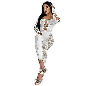 Uni Clau Women Off Shoulder Bodycon Jumpsuit Sexy Long Sleeve Mesh Sheer Long Pant Set Romper See-Through Playsuit White M