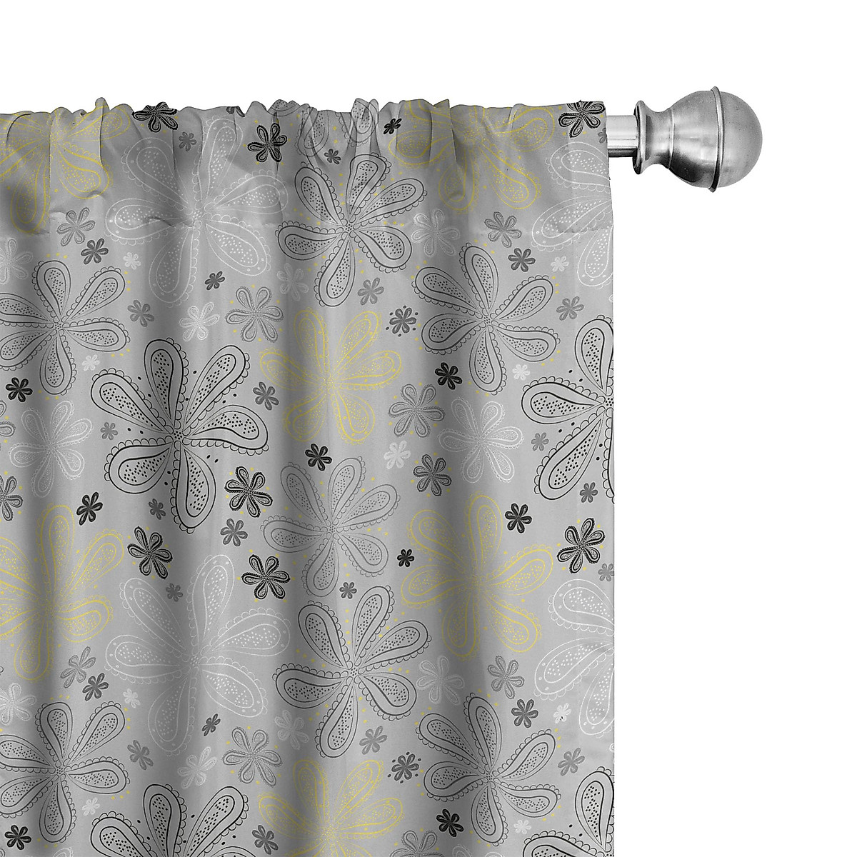 Ambesonne Grey and Yellow Window Curtains, Bohem Style Paisley Print Flowers Dots Art Image, Lightweight Decor 2-Panel Set with Rod Pocket, Pair of - 28" x 63", Grey White