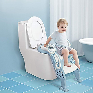 Potty Training Toilet Seat with Step Ladder Adjustable Toddler Toilet Seat with PU Cushion for Big Boys Potty Training Chair with Handle