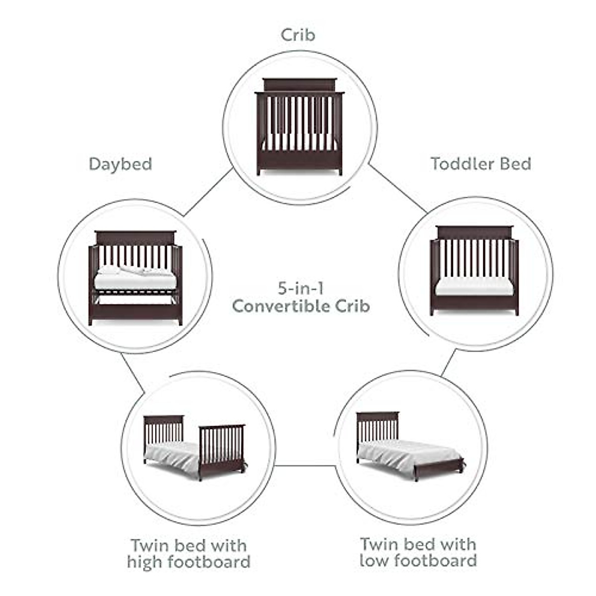 Storkcraft Petal 5-in-1 Convertible Mini Crib with Mattress, Espresso