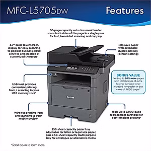 Brother MFC-L5705DW All-in-One Wireless Monochrome Laser Printer, Print Copy Scan Fax, Duplex (2-Sided), Ethernet, Hi-Speed USB 2.0, 42ppm, 1200x1200 dpi, 3.7" Touch LCD, Durlyfish