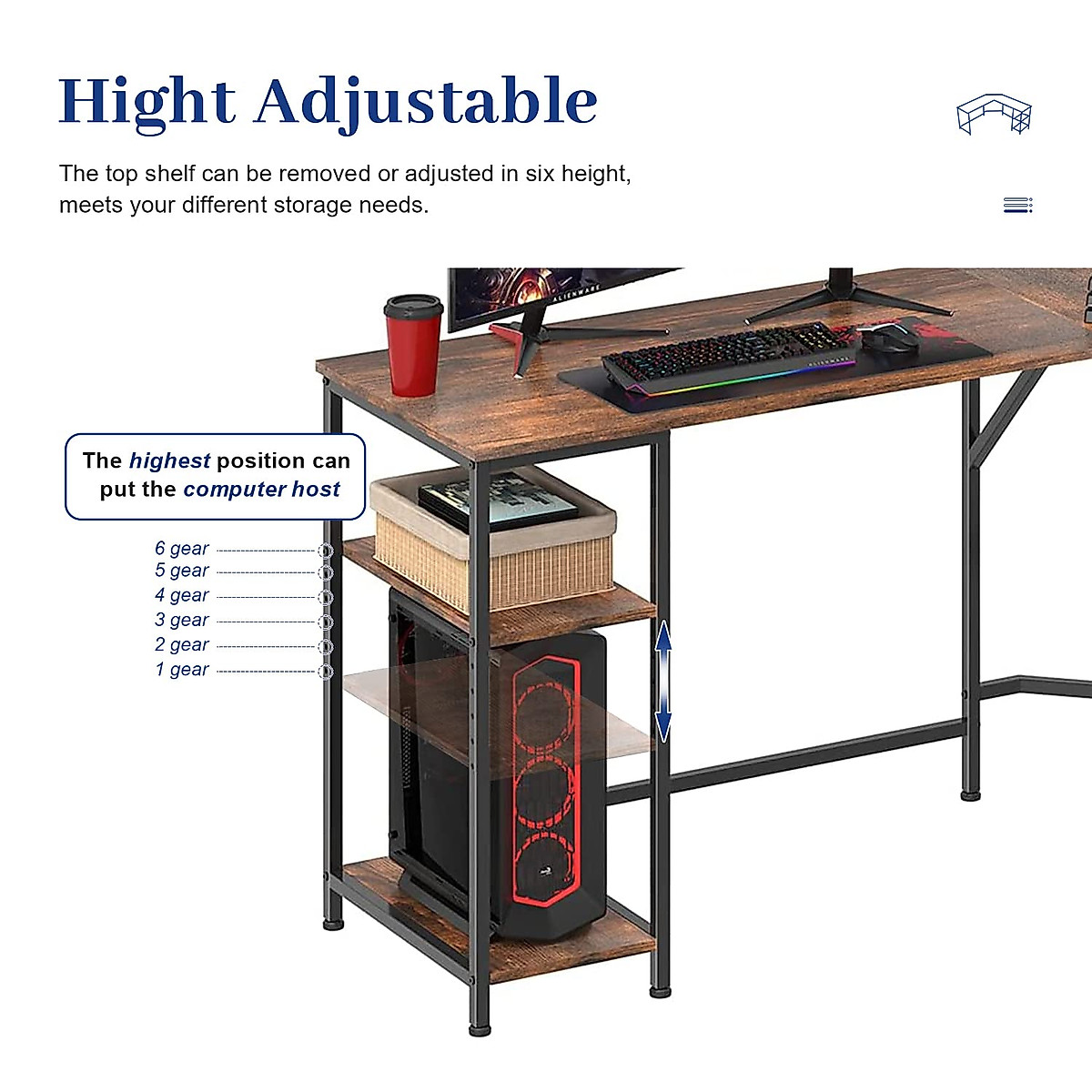 Reyade L-Shaped Desk, 57'' Coner Desk, Large Computer Desk, Gaming Desk, Home Office Writing Desk with Storage Shelves, Reversible PC Workstation Laptop Table, Rustic Oak