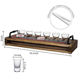 MyGift Tequila Shot Glasses Liquor Flight Tasting Set Includes Burnt Wood Serving Tray with Chalkboard Panel and Metal Handles and 6 Clear Shot Glasses