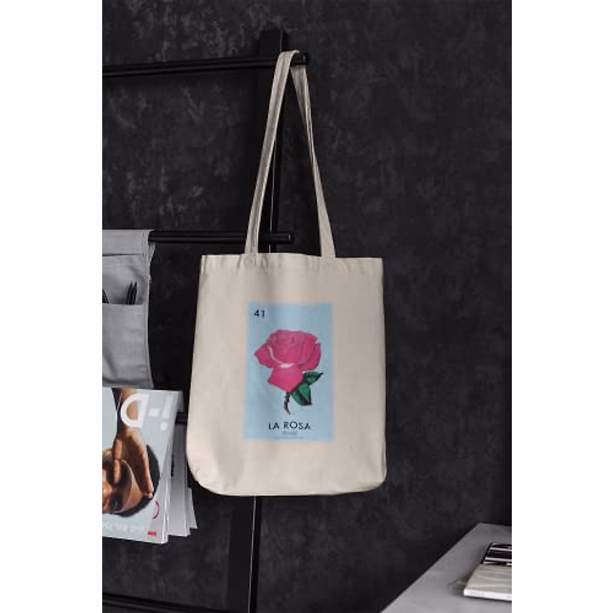 Pop Threads La Rosa Rose Loteria Card Mexican Bingo Black 15x15 inches Large Canvas Tote Bag