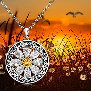 Talonior Daisy Necklace for Women Sterling Silver Celtic Knot Birth Flower Sunflower Necklace Pendant Cubic Zirconia Sunshine Daisy Jewelry Gifts