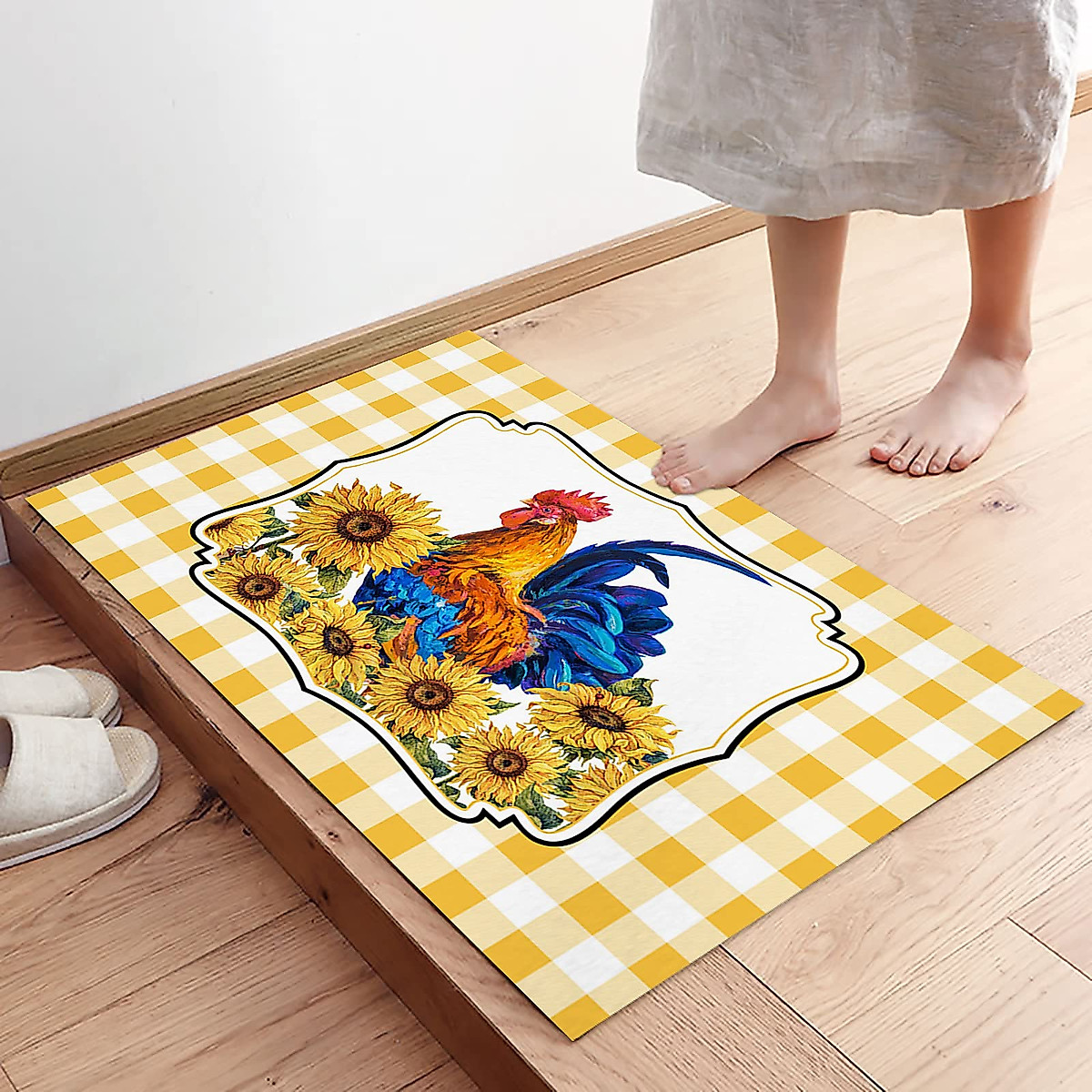 Victories Kitchen Area Rug Pad Set 2 Piece-Non Slip Comfort Cushioned Doormat,Farm Rooster Sunflowers on Buffalo Plaid Yellow Floor Mat Rug Runner Set Kitchen/Living Room/Bedroom Carpet