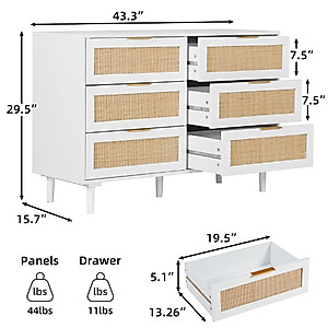 FUQARHY 6 Drawer Dresser Rattan Dresser Modern Chest with Drawers,Wood Storage Closet Dressers Chest of Drawers for Bedroom,Living Room,Hallway (White)