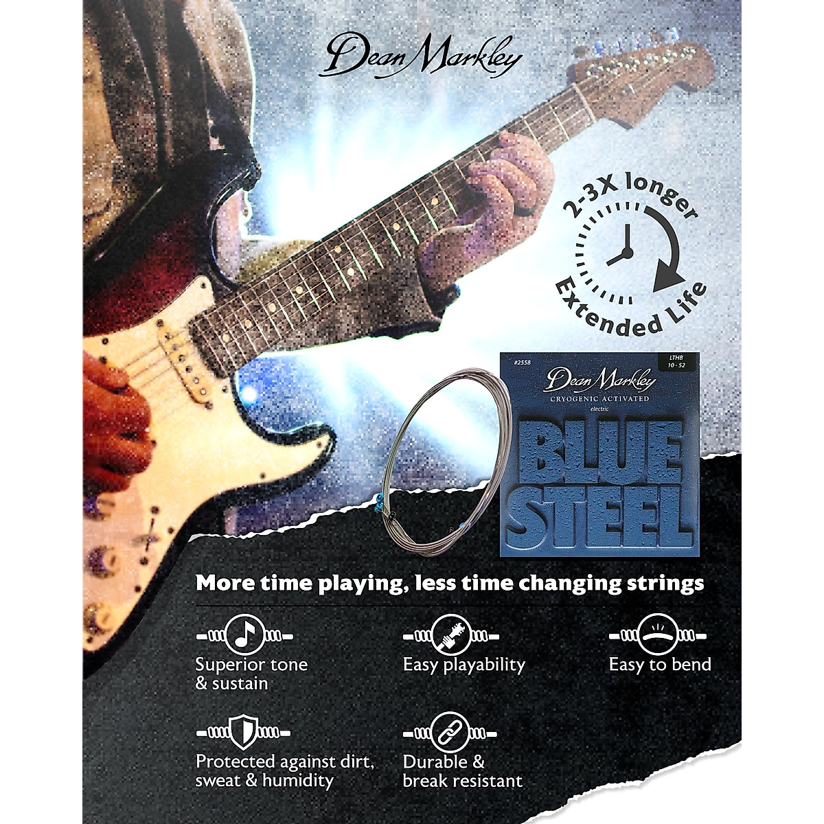 DEAN MARKLEY 2558 Blue Steel Electric Guitar Strings. 6 piece Electric Guitar String Set. Cryogenically Treated for Longer Life, Enhanced Performance, and Superior Sound. Made in USA. Gauges 10-52