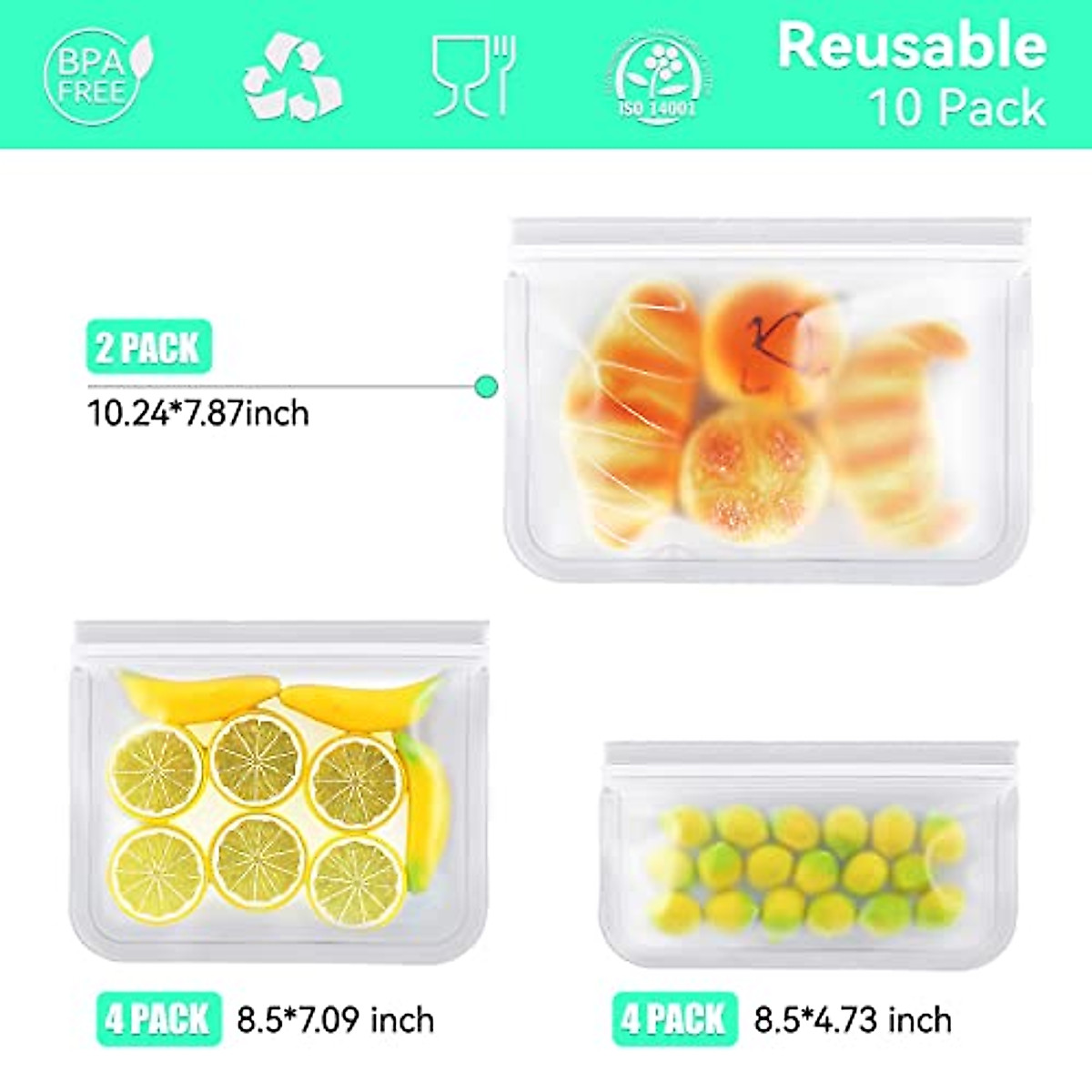 WATOTGAFER Reusable Food Storage Bags, 10 Pack BPA Free Reusable Freezer Bags, Extra Thick Leakproof Food Grade Silicone Lunch Food Bags for Meat Veggies 2 Gallon Bags 4 Sandwich Bags 4 Snack Bags