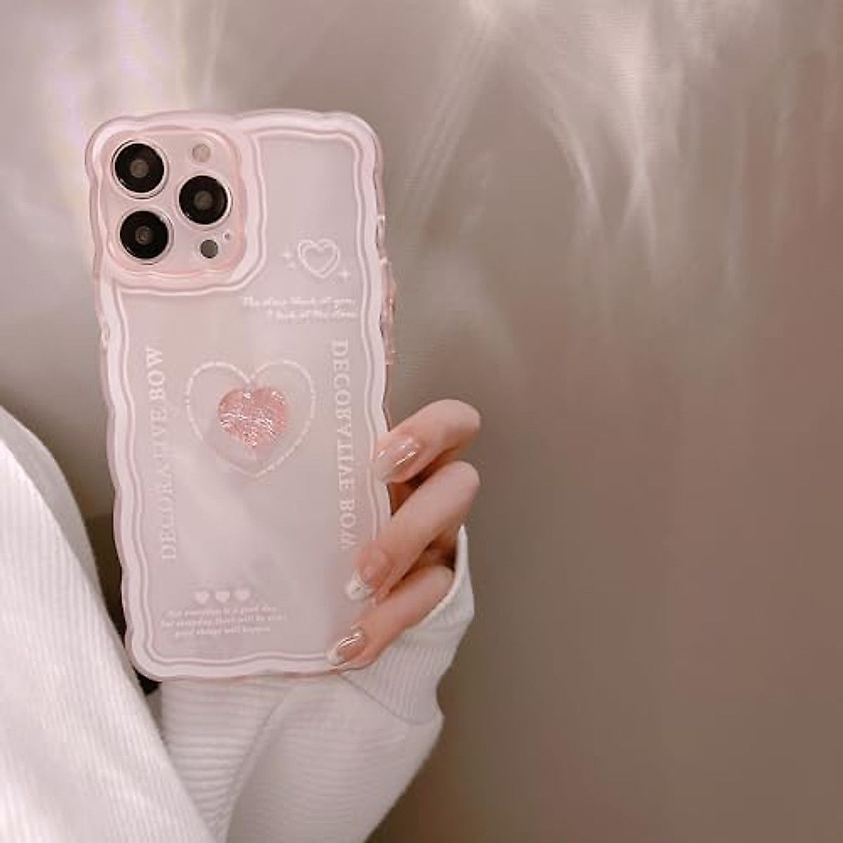Ownest Compatible for iPhone 12 Mini Cute 3D Pink Heart Slim Clear Aesthetic Design Women Teen Girls Camera Lens Protection Phone Cases Cover+Pink Phone Charm