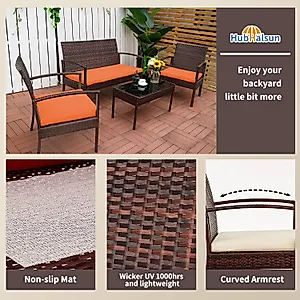 Hubhalsun Patio Wicker 4 Piece Set for Outdoors,Garden Wicker Funiture for Backyard, Indoor Rattan Chair, 4-Person Seating Group with Cushion (Orange)
