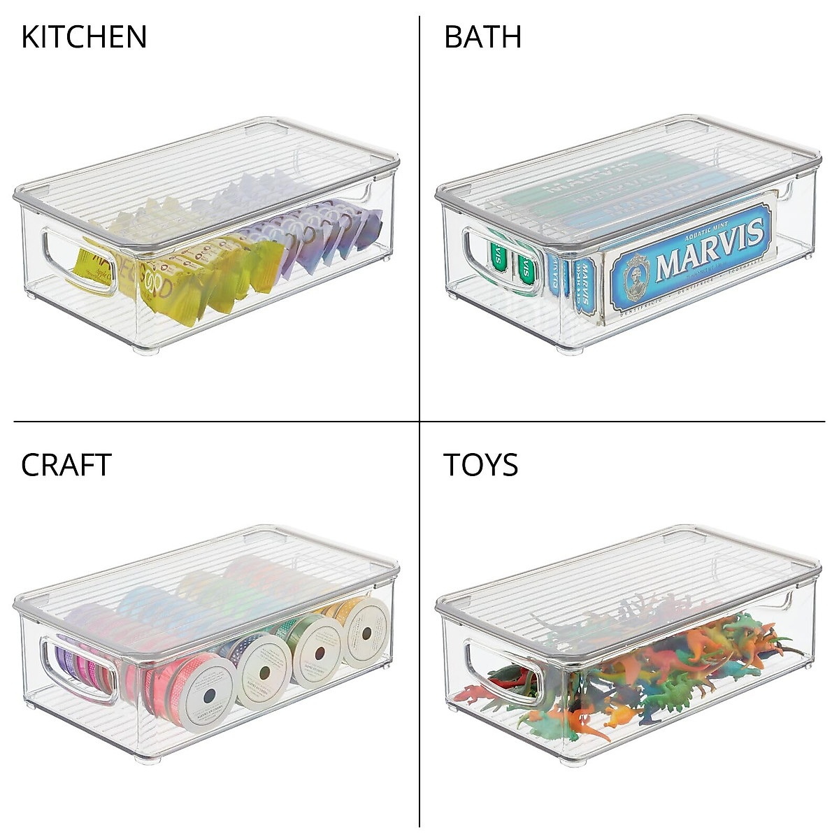 mDesign Plastic Pantry Storage Box Container with Lid and Built-In Handles - Organization for Flour, Cereal, Pasta, Rice, or Food in Kitchen Cupboard, Ligne Collection, 6 Pack, Clear/Clear