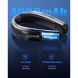 Koonie Neck Air Conditioner, Portable Cooling Neck Fan Blow Cold Air, 4000mAh Rechargeable Around Neck Breeze Fan 3 Speed, 3 Refrigeration Mode, 8H work time, Adjustable Width, Digital Display